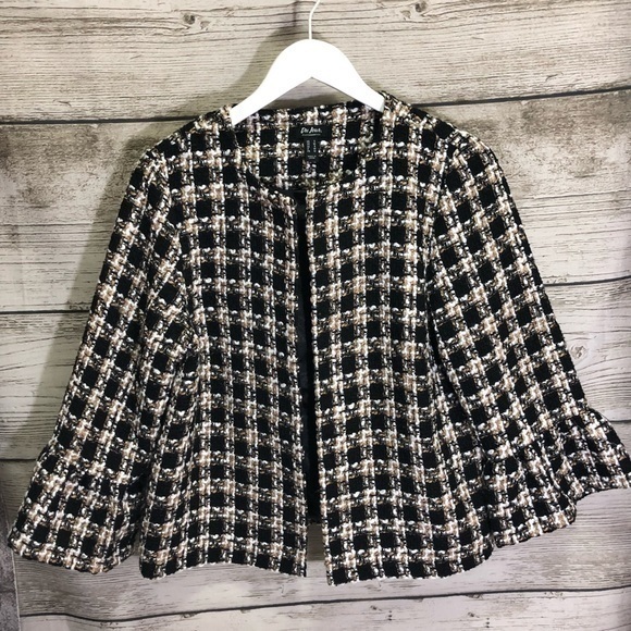 Du Jour | Jackets & Coats | Du Jour Neutral Textured Tweed Plaid Open Ruffled Wide Cuff Jacket ...